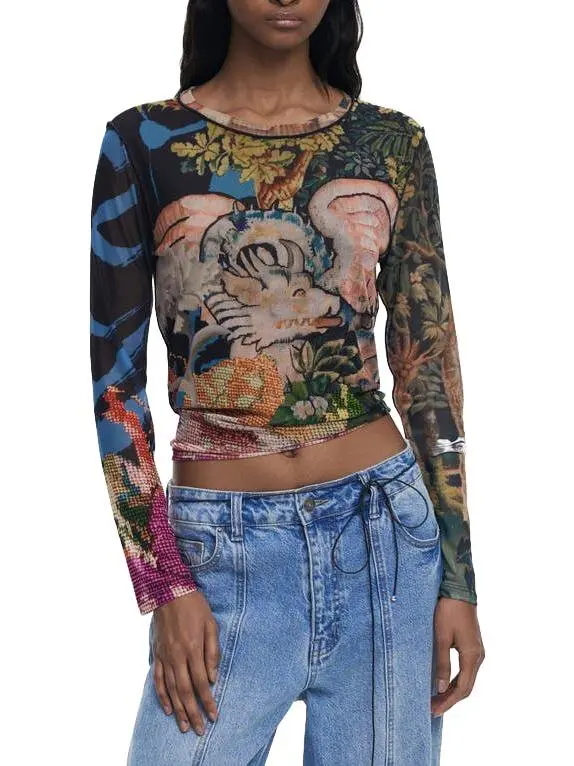 Desigual Long Sleeve Crop T-shirt - Blue