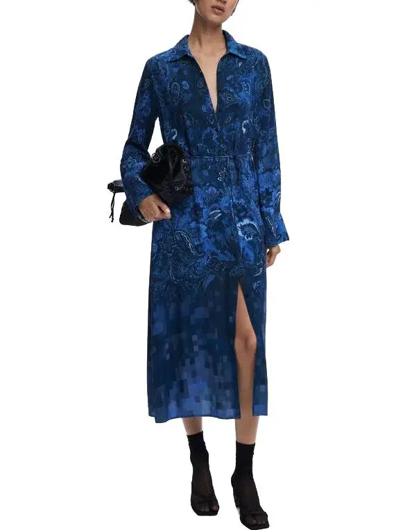 Desigual Belted Long Sleeve Paisley Midi Shirtdress - Dark Blue