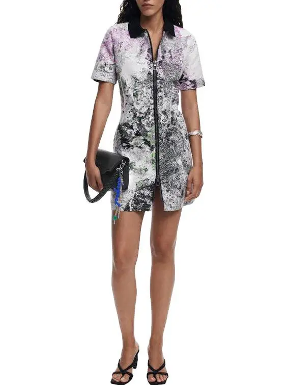 Desigual Mixed Print Zip Front Dress - Medium Gray