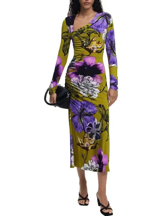 Desigual Floral Print Long Sleeve Midi Dress - Olive Green