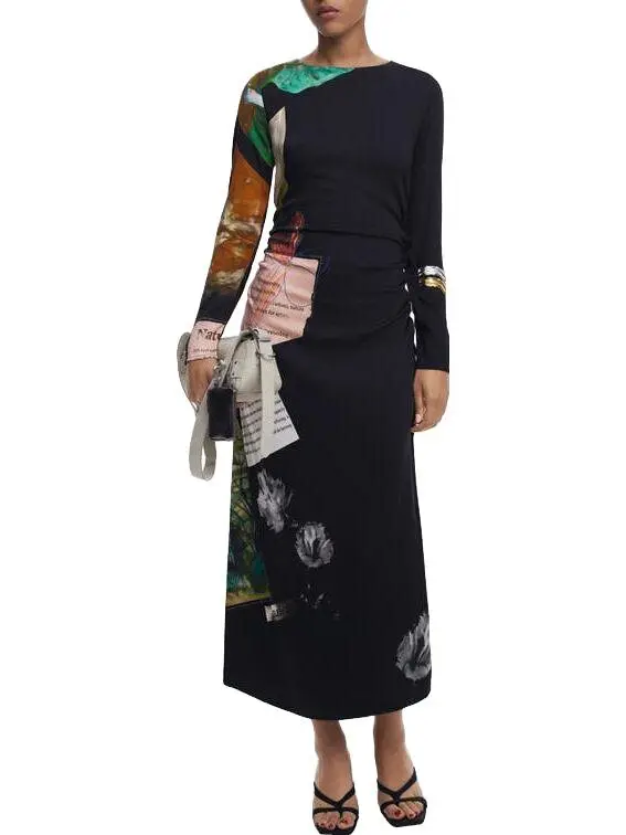 Desigual Mix Print Long Sleeve Midi Dress - Black