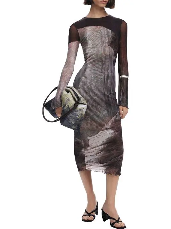 Desigual Abstract Print Long Sleeve Mesh Midi Dress - Dark Brown
