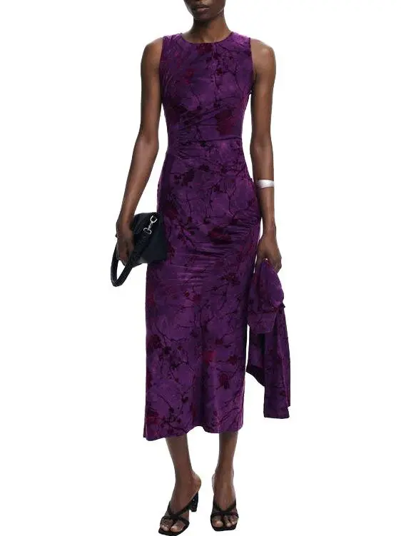 Desigual Floral Stretch Velvet Midi Dress - Medium Purple