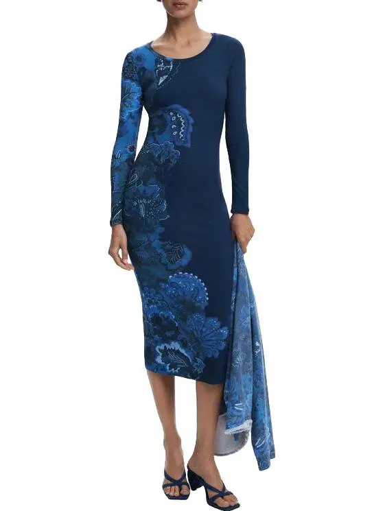 Desigual Floral Print Knit Midi Dress - Navy Blue