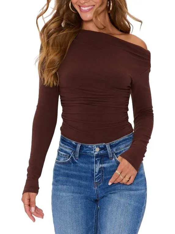 VICI Off-the-shoulder Long Sleeve Jersey Top - Brown