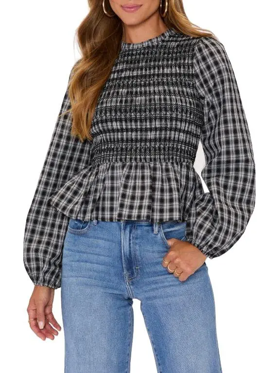 VICI Plaid Smocked Peplum Top - Navy Plaid