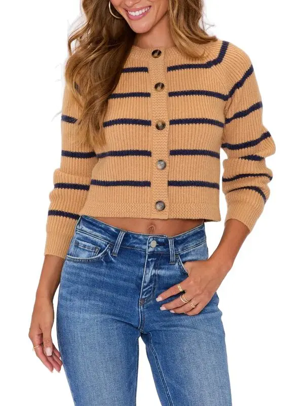 VICI Nadia Stripe Crop Cardigan - Camel Navy