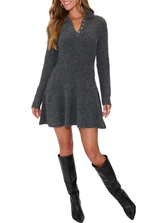 VICI Long Sleeve Polo Sweater Minidress - Charcoal