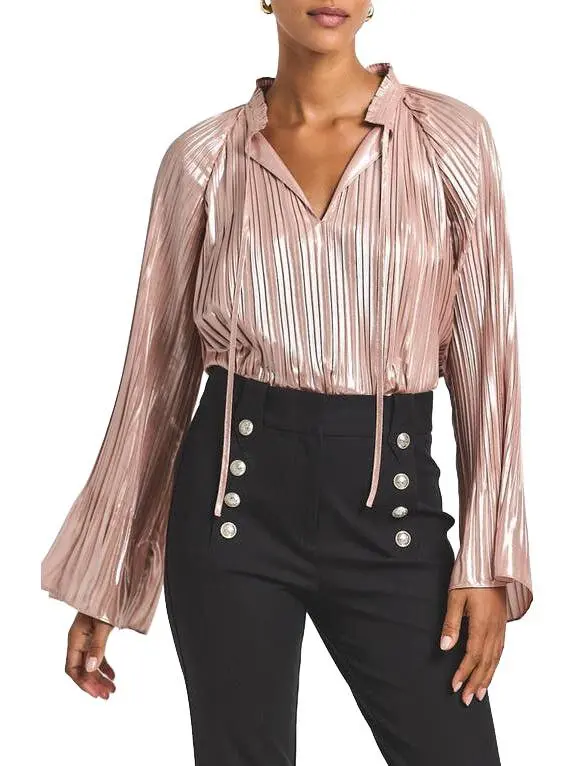 Derek Lam 10 Crosby Metallic Pleated Tie Shirt - Pink Silver