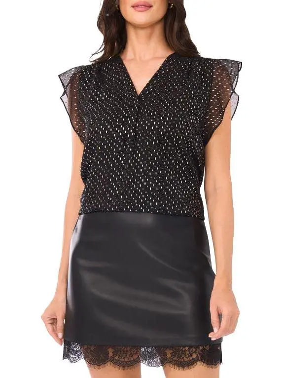 Vince Camuto Metallic Dot Ruffle Sleeve Chiffon Top - Rich Black