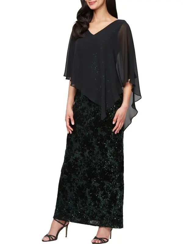 SL FASHIONS Chiffon Capelet Sequin Gown - Black/emerald