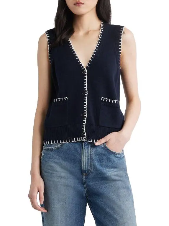 Rails Annika Sleeveless Vest - Navy White Blanket Stitch