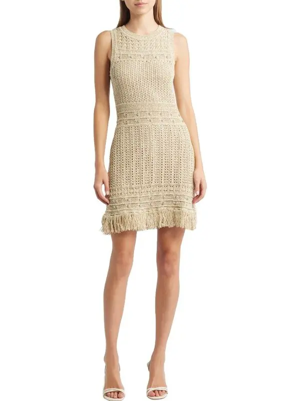MILLY Beaded Fringe Knit Minidress - Beige Multi