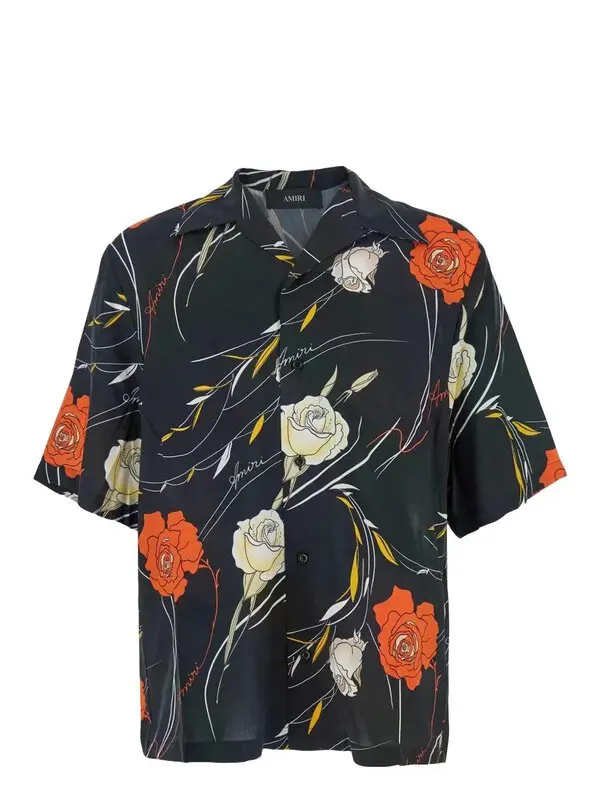 Amiri Rose-print Camp-collar Shirt - Black