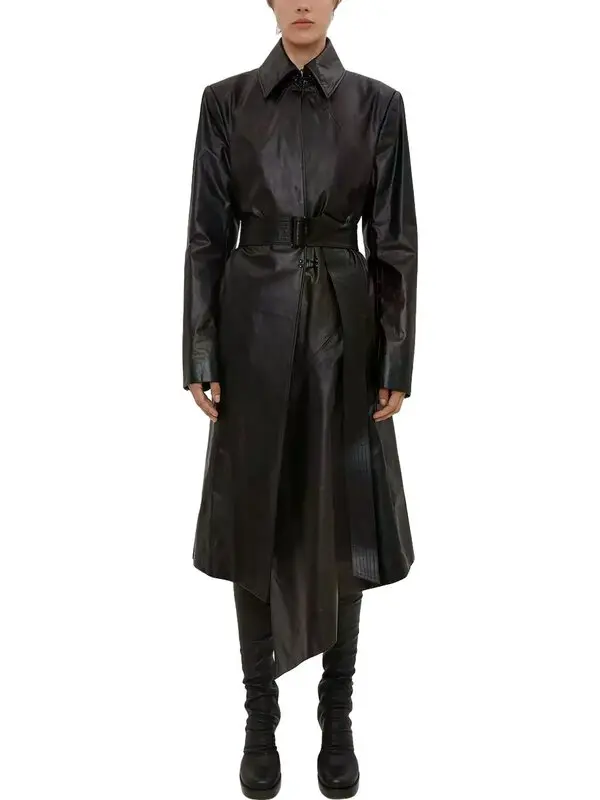 OLIVIER THEYSKENS Pointed-collar Belted Leather Coat - Black
