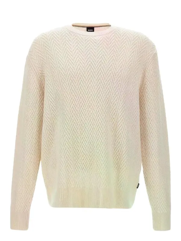 Hugo Boss Herringbone Knit Crew-neck Sweater - Neutrals