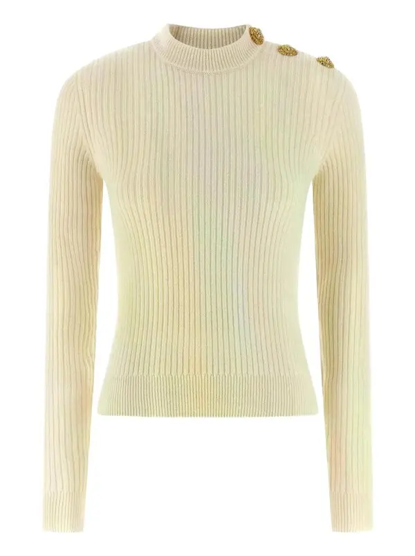 Balmain Ribbed Knit Sweater With Coin Buttons - Neutrals