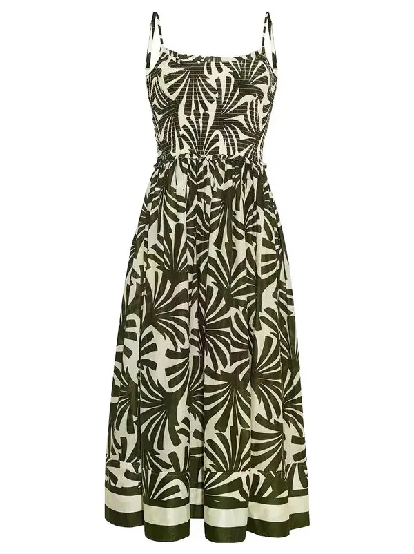 Cara Cara Carmen Smocked Leaf-print Midi Dress - Green