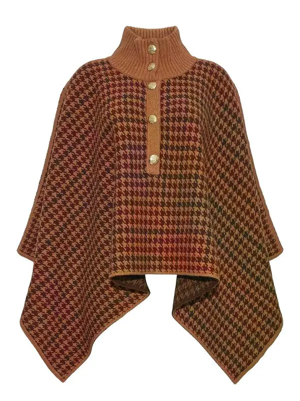 Cara Cara Pagoda High-neck Houndstooth Cape - Brown
