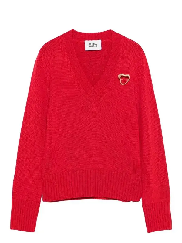 Alpha Studio Heart-detail V-neck Sweater - Red