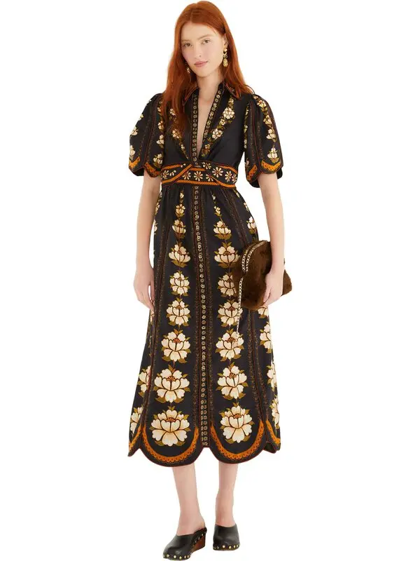 Farm Rio Floral Organic Cotton Midi Dress - Embroidered Flowers Black
