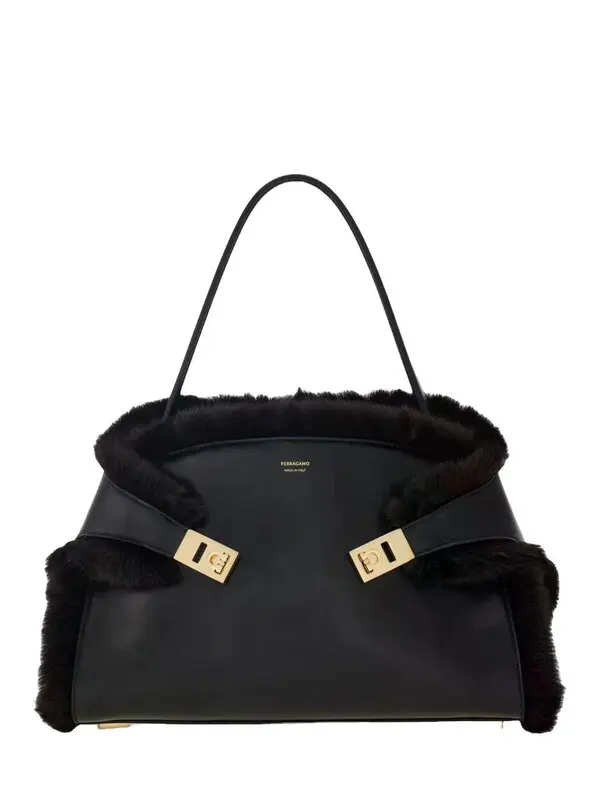 FERRAGAMO Medium Shoulder Bag With Fur Trim - Black