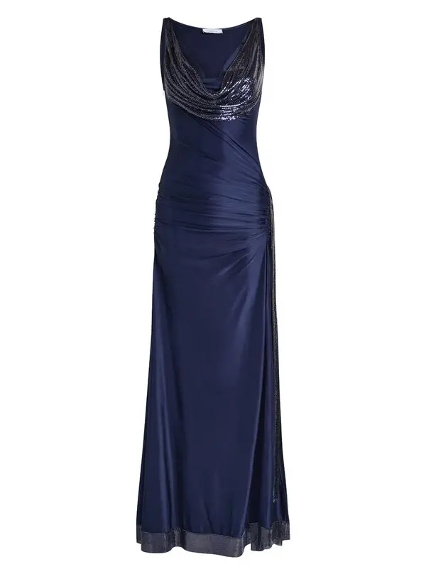 Rabanne Chainmail-embellished Stretch-satin Gown - Navy