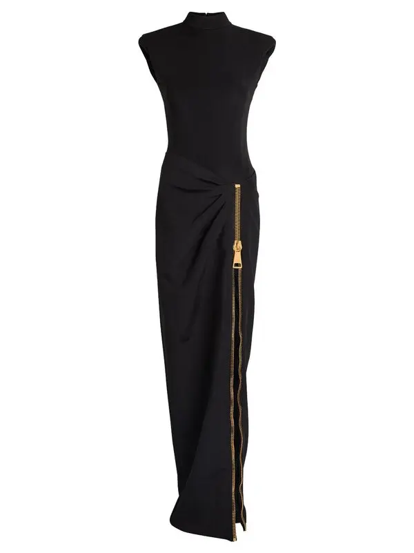 Balmain Zip-embellished Woven Maxi Dress - Black