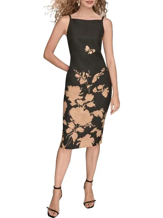Donna Karan New York Floral Print Sheath Dress - Black/gold Foil