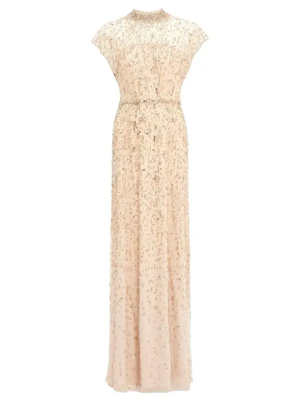 Jenny Packham Crystal Drop Embellished High-neck Maxi Gown - Illusion