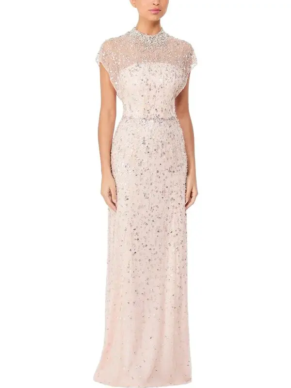 Jenny Packham Crystal Drop Embellished High-neck Maxi Gown - Sugar