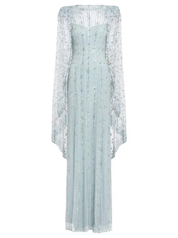 Jenny Packham Blaize Embellished Cape Maxi Gown - Porcelain