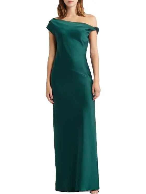 WAYF Colleen One-shoulder Draped Satin Gown - Emerald