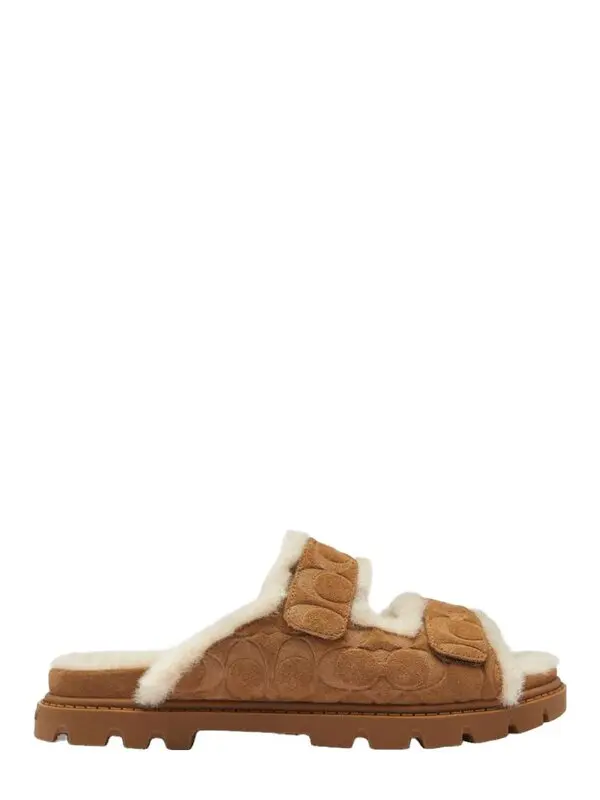 COACH Two Band Signature Suede Slides - Tobacco