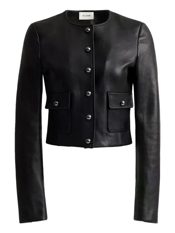 St. John Button Detailed Leather Jacket - Black