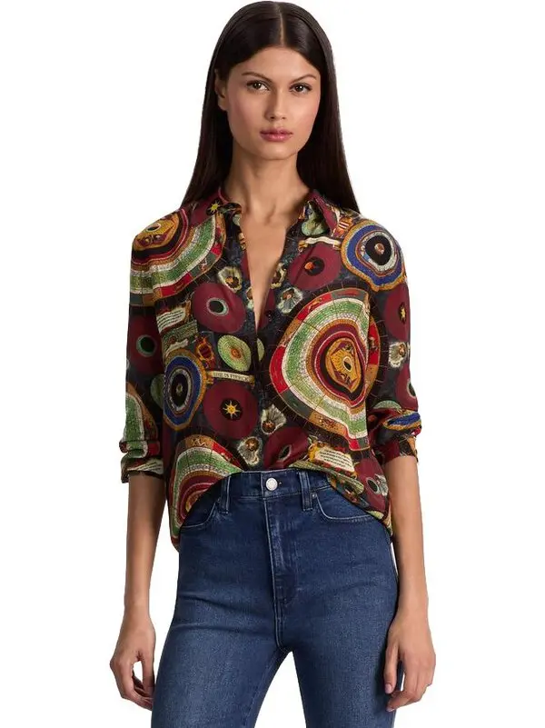 Alice + Olivia Willa Hands Of Time Printed Silk Shirt - Red