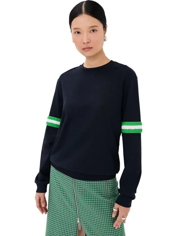 Tibi Sport Knit Crewneck T-shirt With Crochet Trim - Navy