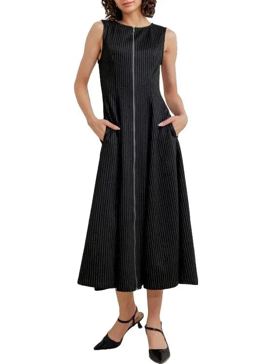 FREEMARKET Pinstripe Zip Front Midi Dress - Black