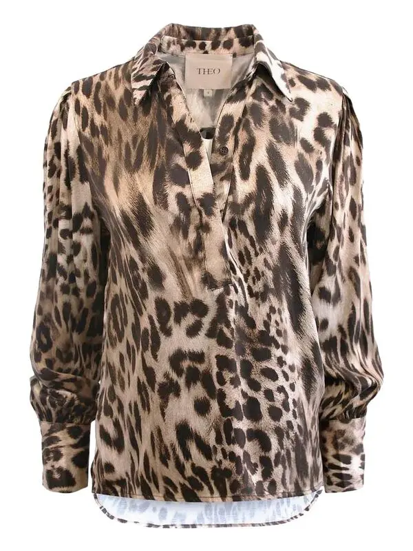 THEO THE LABEL Danae Animal Print Henley Shirt - Leopard
