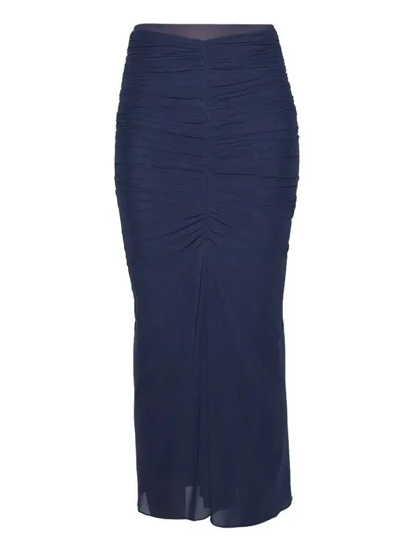 MUGLER Ruched Mesh Midi Skirt - Blue
