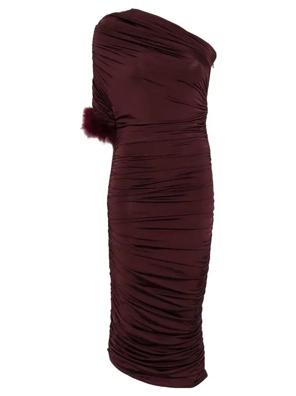 MUGLER One-shoulder Marabou Feather Trim Dress - Red