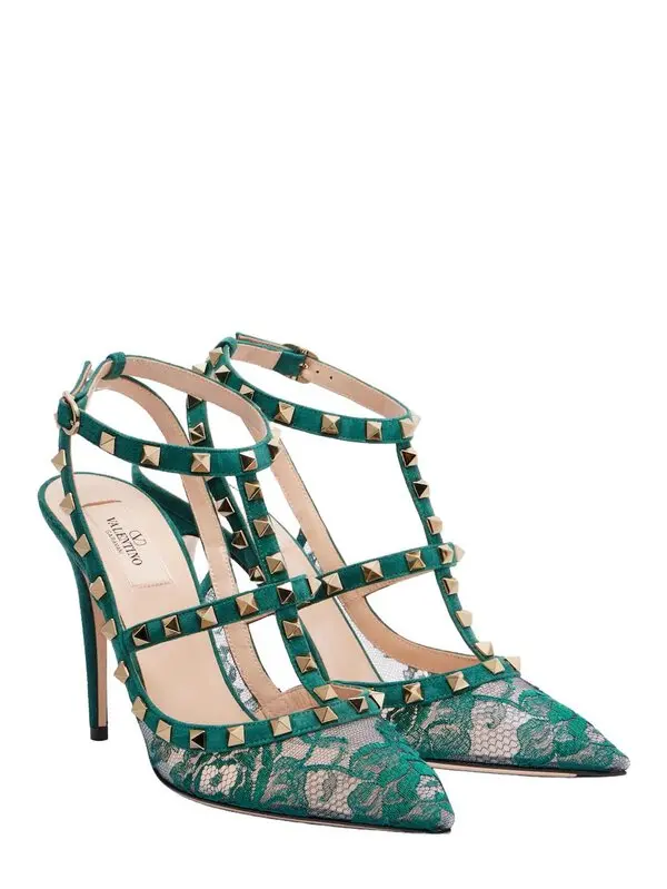 Valentino Garavani Rockstud 100 Lace And Suede Pumps - Green