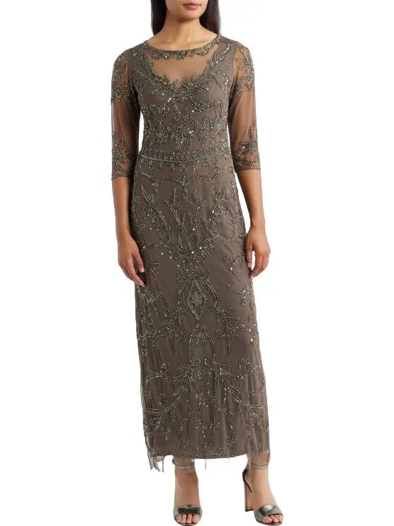 Pisarro Nights Sequin Illusion Gown - Aluminum