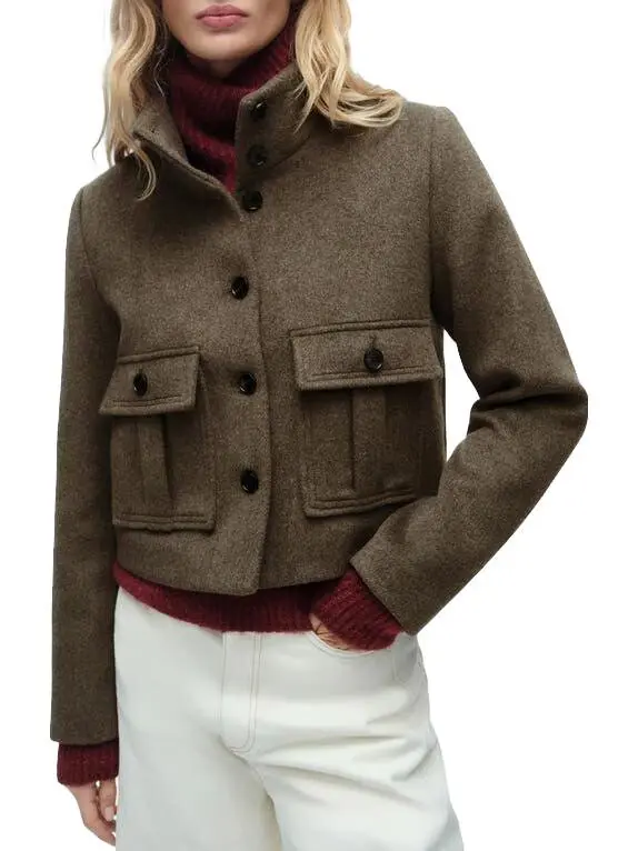 Mango Boxy Crop Jacket - Khaki Brown