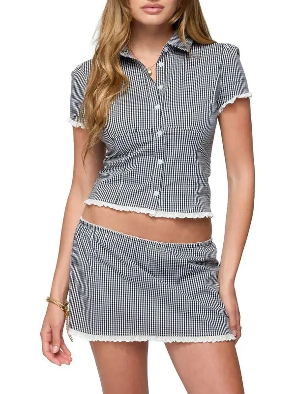 EDIKTED Cotton Blend Gingham Button-up Shirt - Black-and-white