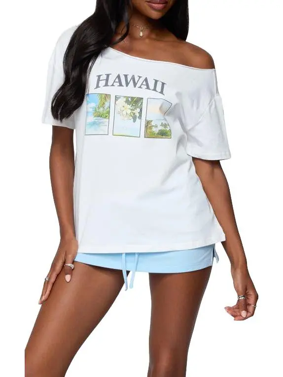 EDIKTED Off-the-shoulder Graphic T-shirt - White