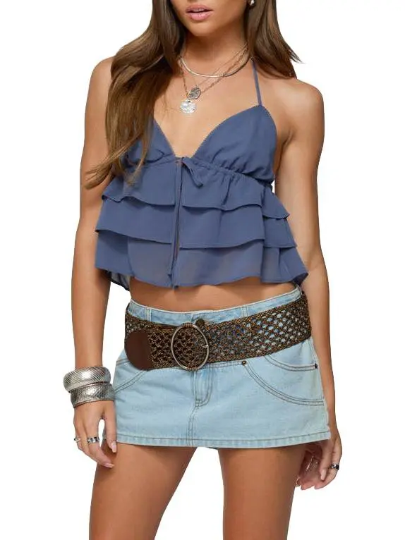 EDIKTED Tiered Ruffle Halter Top - Blue