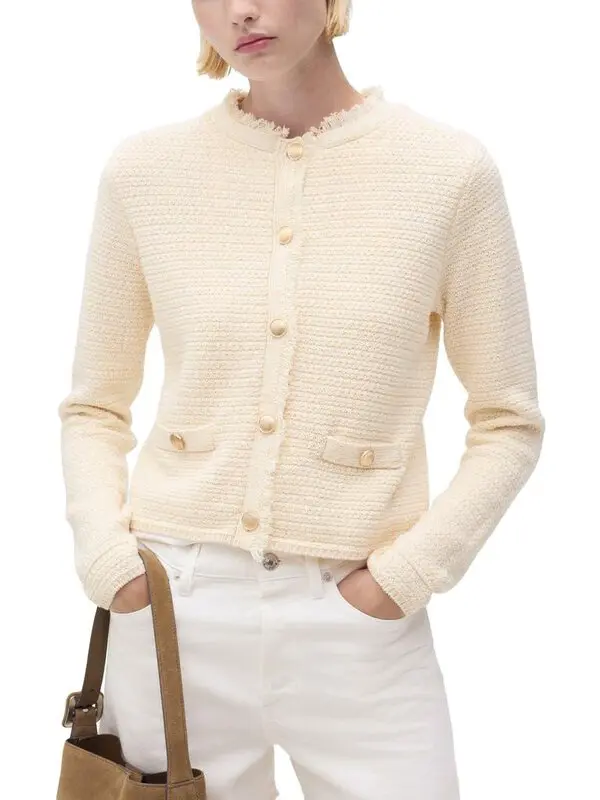 Mango Frayed Edge Knit Cardigan - Ecru