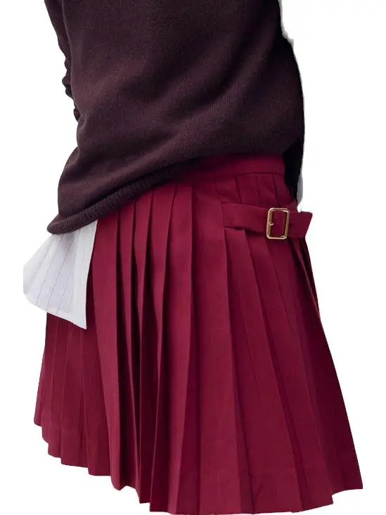 Mango Buckle Pleated Mini Skirt - Maroon
