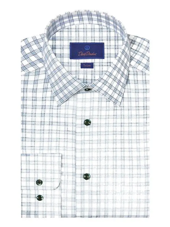 David Donahue Trim Fit Check Cotton Herringbone Dress Shirt - Blue/green